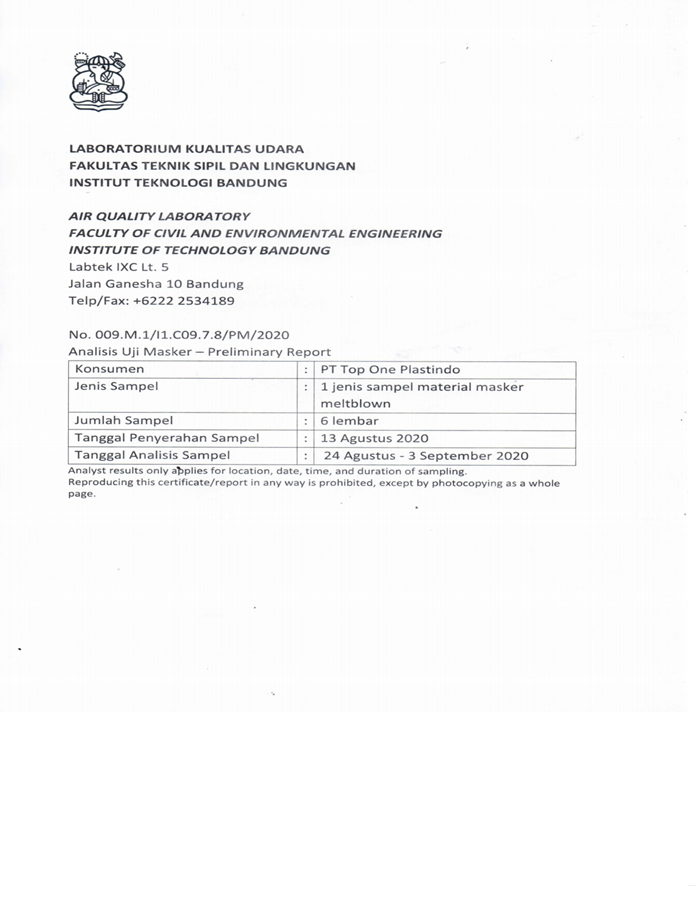 Below our certificate of result testing our product for surgical face ...
