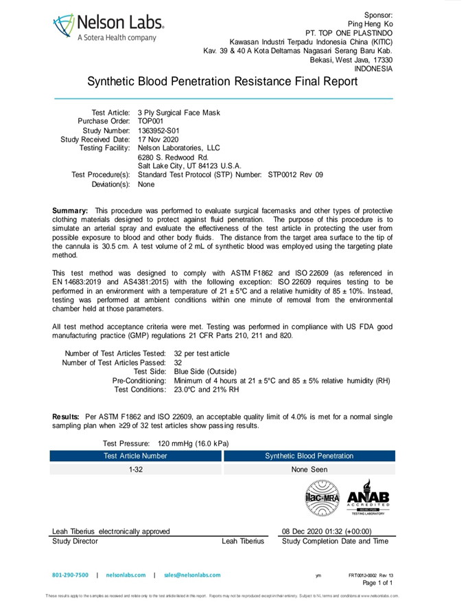 Below test result for our surgical face mask from NELSON